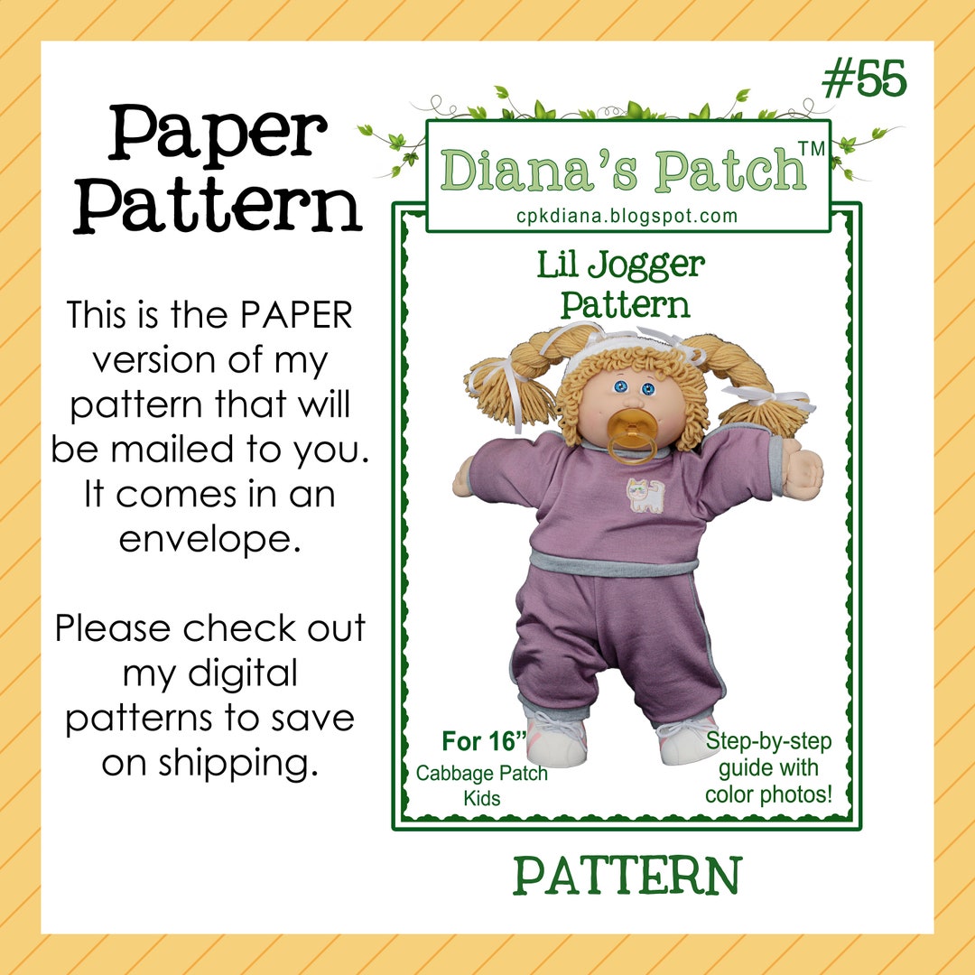 55. Lil Jogger Jogging Suit PAPER PATTERN for 16" Cabbage Patch Dolls ...
