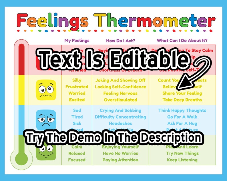 Feelings Thermometer Chart With Coping Skills Editable - Etsy Canada