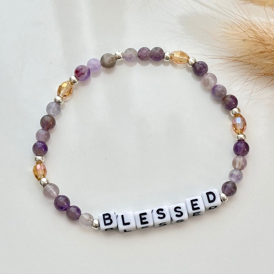 Amethyst & Glass Beads Word Stretch Bracelet, Custom Jewelry, Word ...