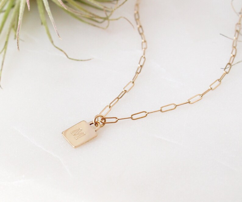 Initial Square Charm Rectangle Chain Necklace 14k Gold | Etsy