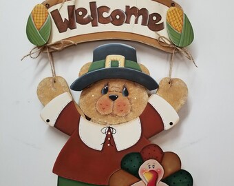 Seasonal Brown Bear - Welcome Wood Sign - Wood Door Hanging ...