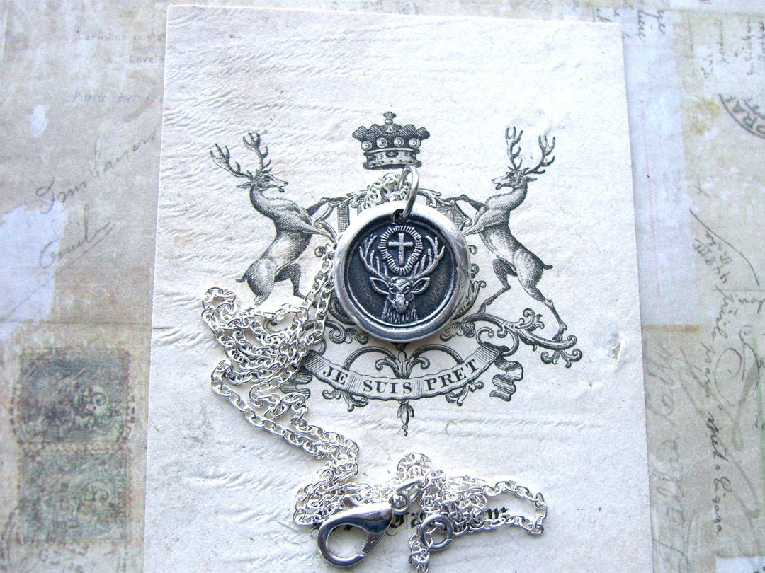 Stag With Cross Necklace - Saint Hubertus Wax Seal Pendant - Christian ...