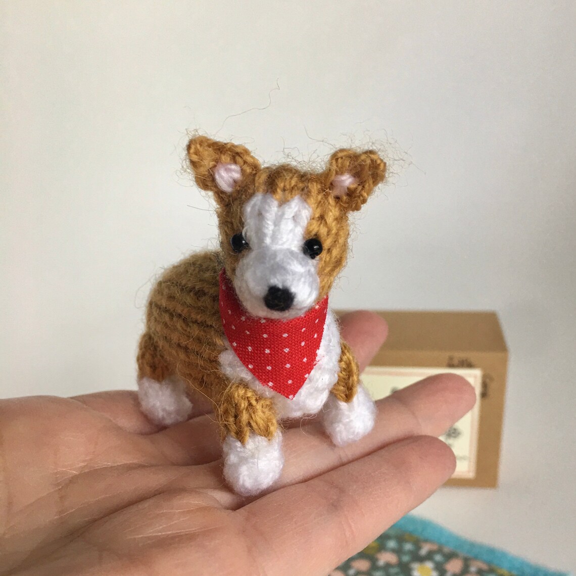 Hand Knitted Little Corgi With Red Polka Dot Bandana in a Box - Etsy