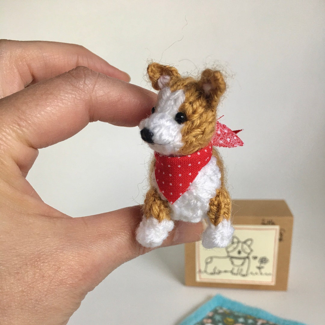 Hand Knitted Little Corgi, With Red Polka Dot Bandana in a Box With a ...