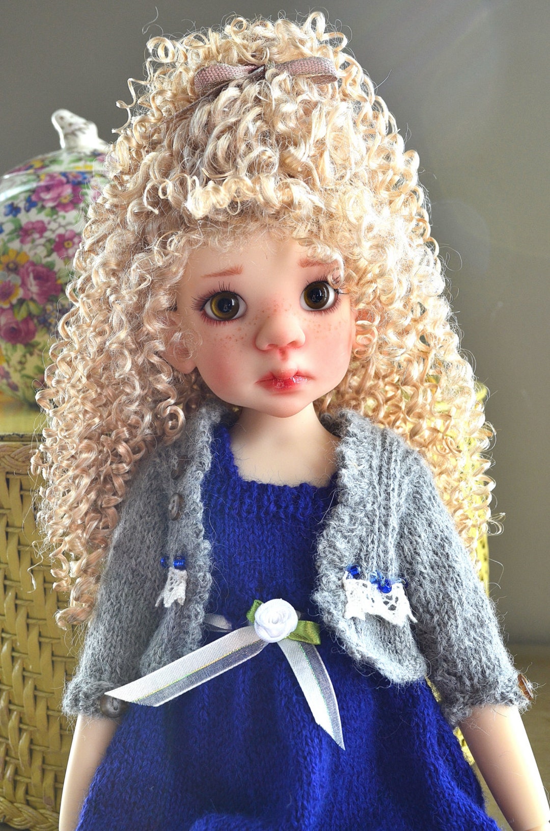 Adorable Vintage Look Hand Knit Ball Joint Doll Dress and Cardigan Set ...