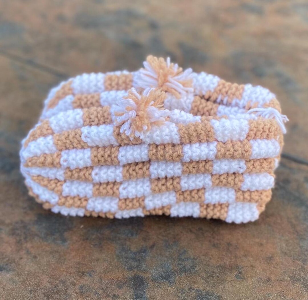 Hand Knitted Slippers in Tan & White Checkerboard Slippers - Etsy