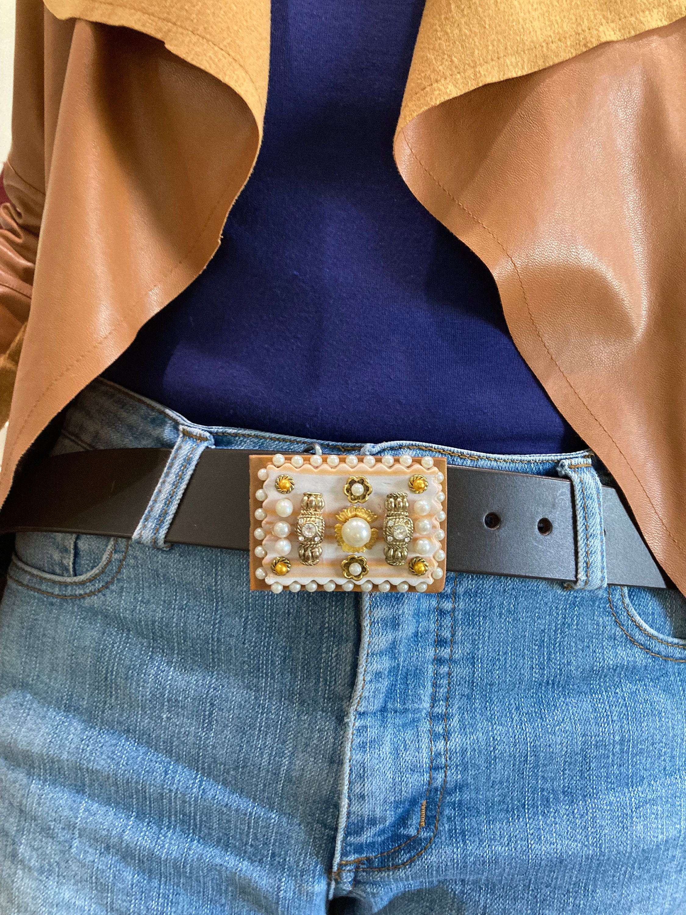 Belt Buckle, One of a Kind, Polymer Clay, Embedded With Vintage Jewelry ...