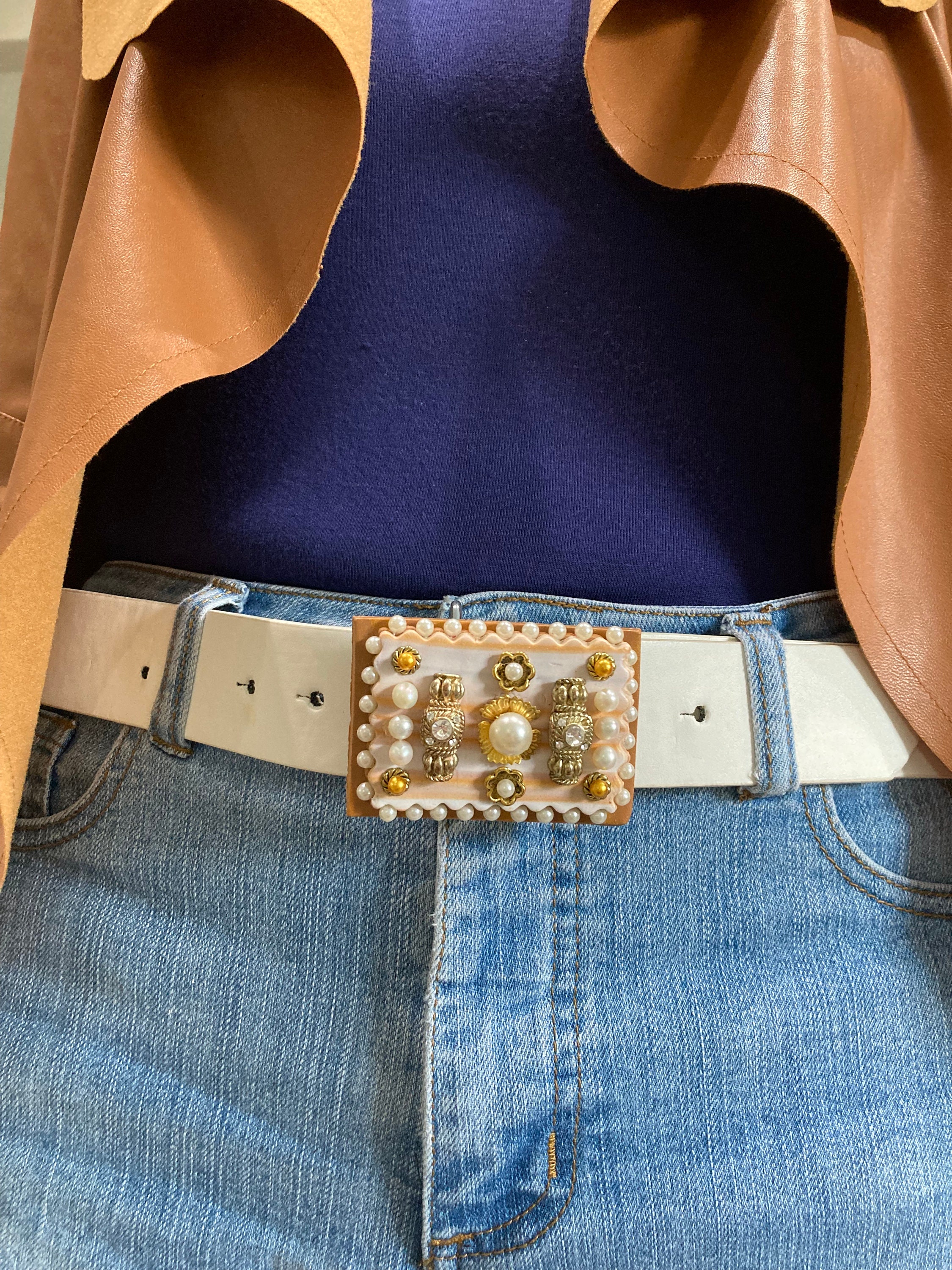 Belt Buckle, One of a Kind, Polymer Clay, Embedded With Vintage Jewelry ...