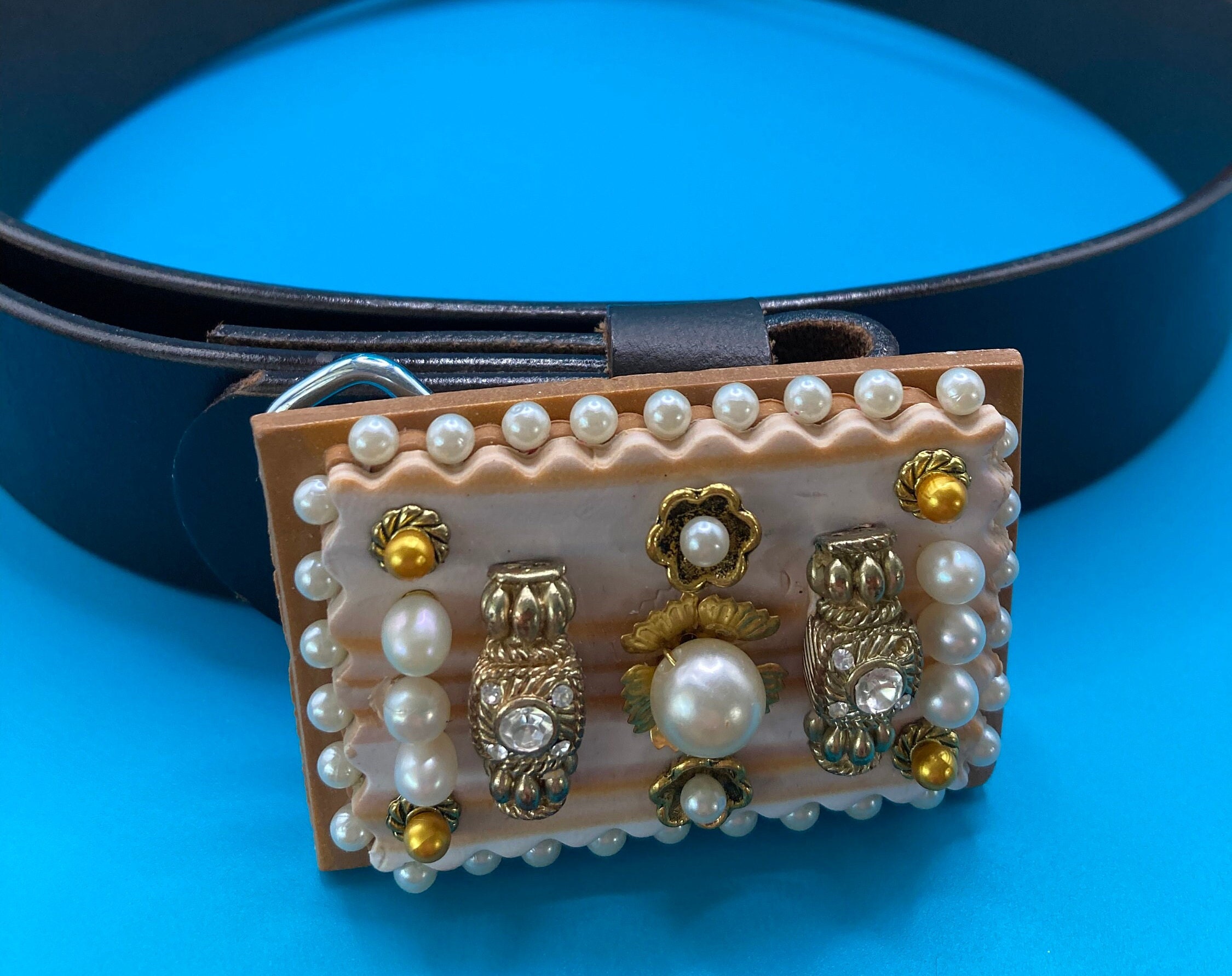 Belt Buckle, One of a Kind, Polymer Clay, Embedded With Vintage Jewelry ...