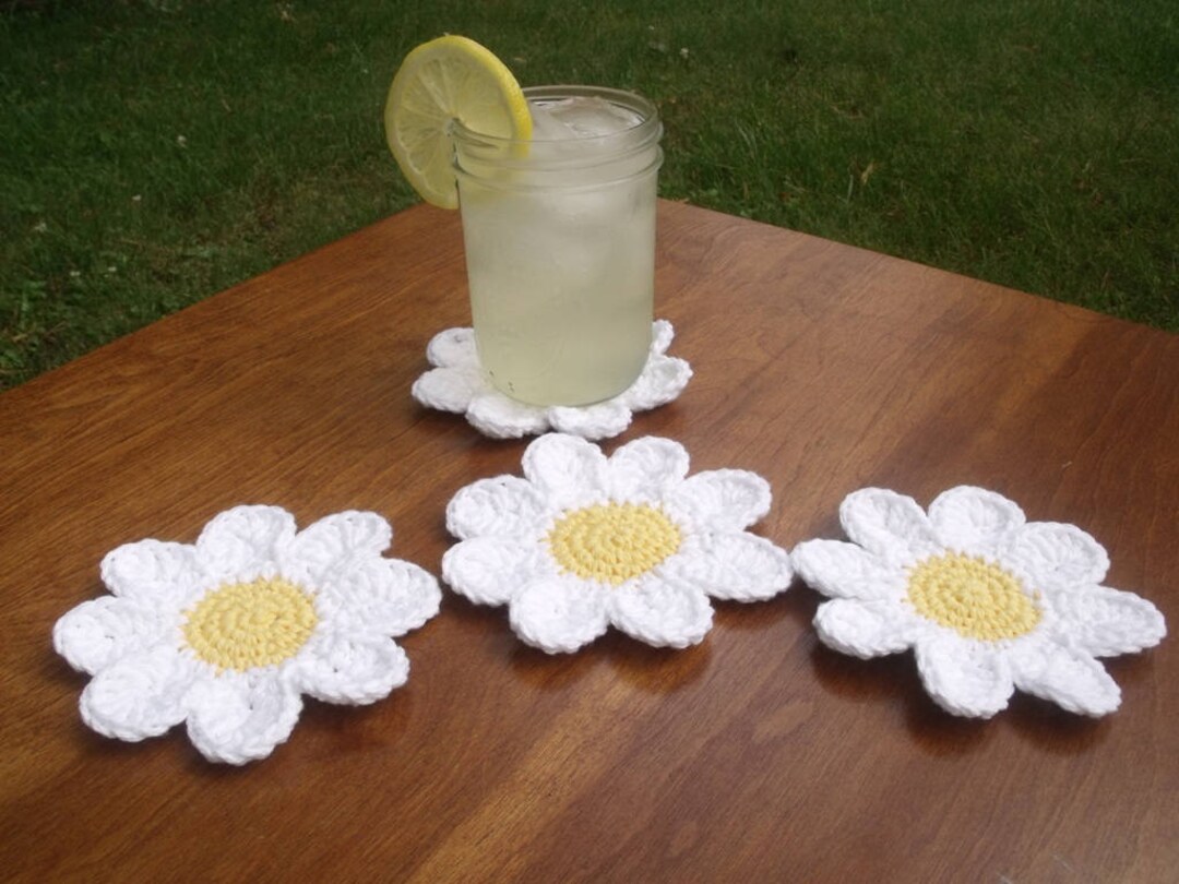 Daisy Coasters READY TO SHIP Cotton Crocheted Set of Four in Cello ...