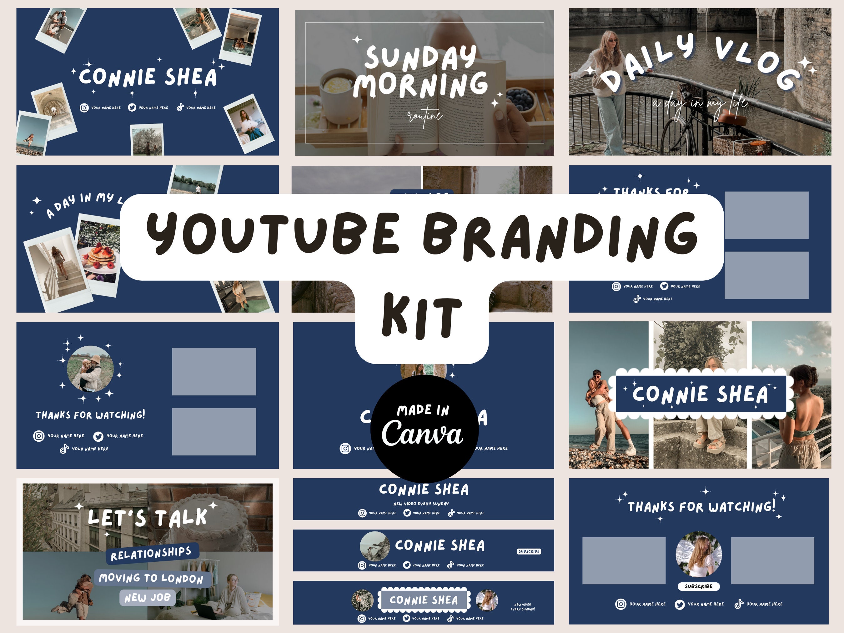Navy Blue Youtube Branding Kit Templates Small Business Social Media ...