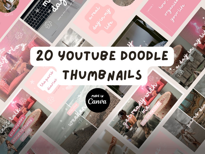 20 Youtube Pink Doodle Thumbnails Canva Templates | Social Media Brand ...
