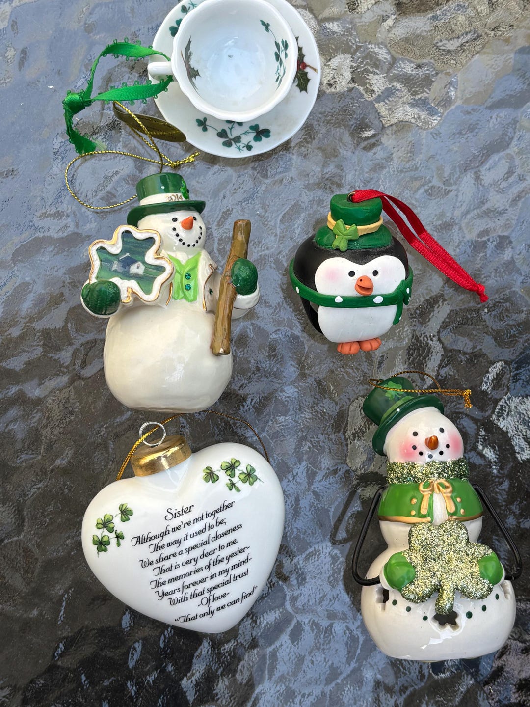 Irish Ornaments Snowman Dan Mint 2014 Teacup Penguin Bell Sister Heart ...