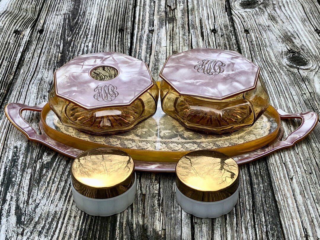 Art Deco Celluloid Dresser Set Antique Opalescent Frame Lids Glass Lace ...