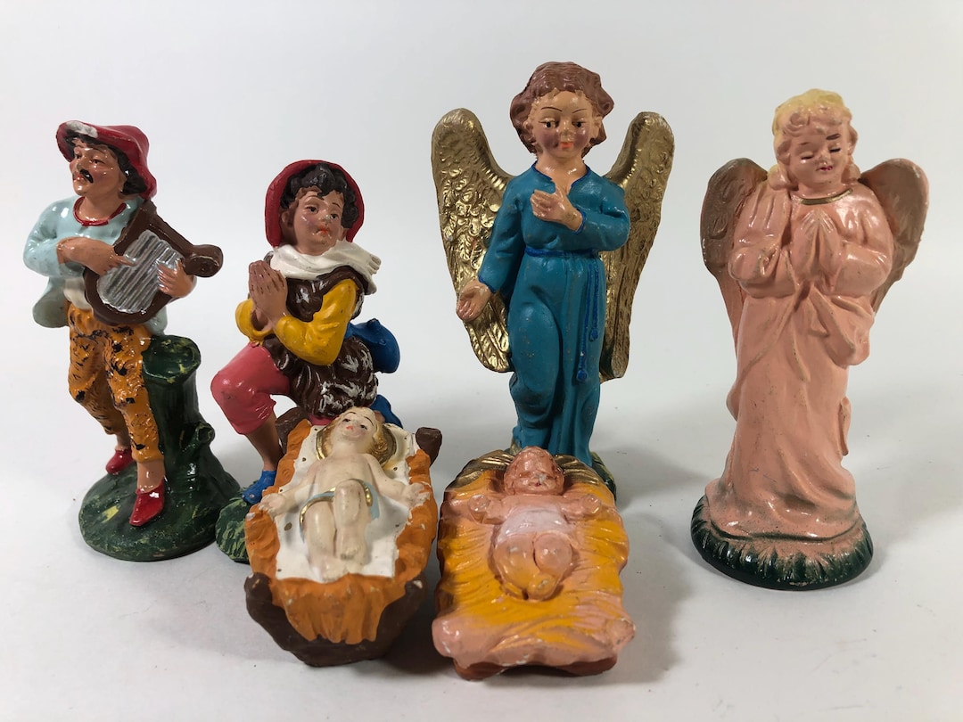 Nativity Manger Creche Figures Angels Shepherd Baby Jesus Musician ...
