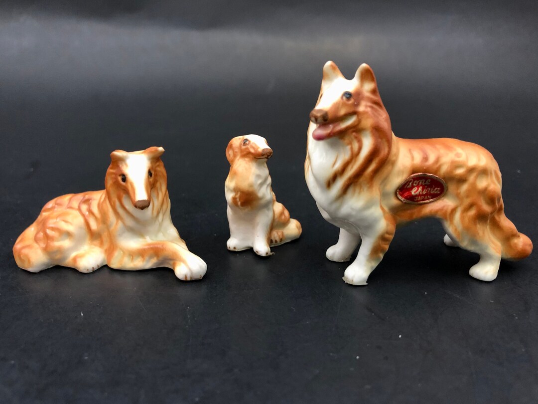Miniature Collie Dog Bone China Japan Mid Century Set of 3 Fairy Garden ...