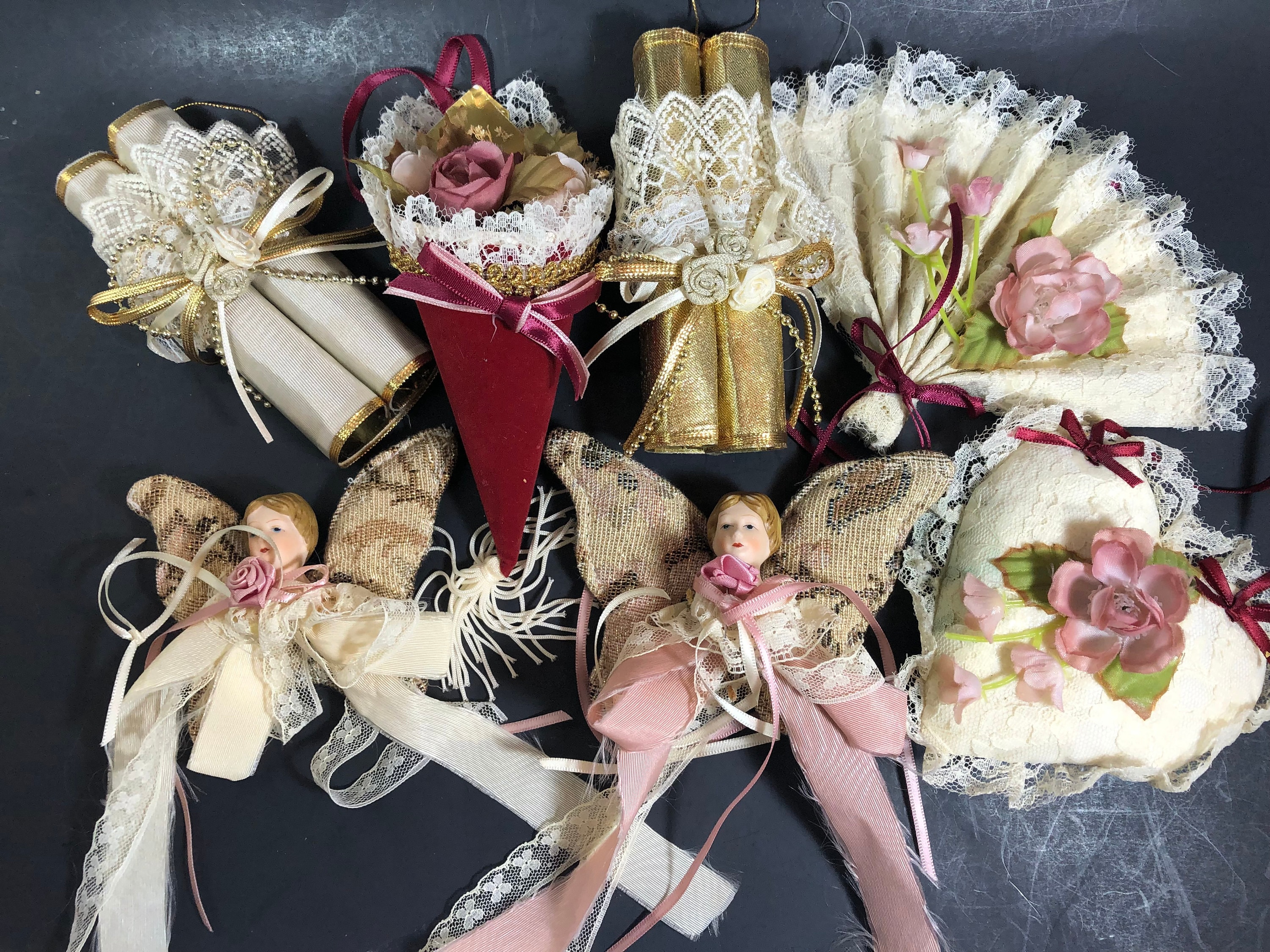 Victorian Christmas Ornaments White Scroll Velvet Cone Gold Scroll Fan ...