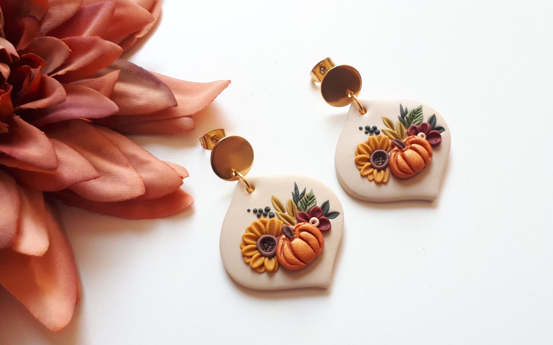 Polymer Clay Fall Earrings With Pumpkin and Sunflower, Boho Clay ...