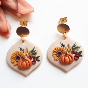 Polymer Clay Fall Earrings With Pumpkin and Sunflower, Boho Clay ...