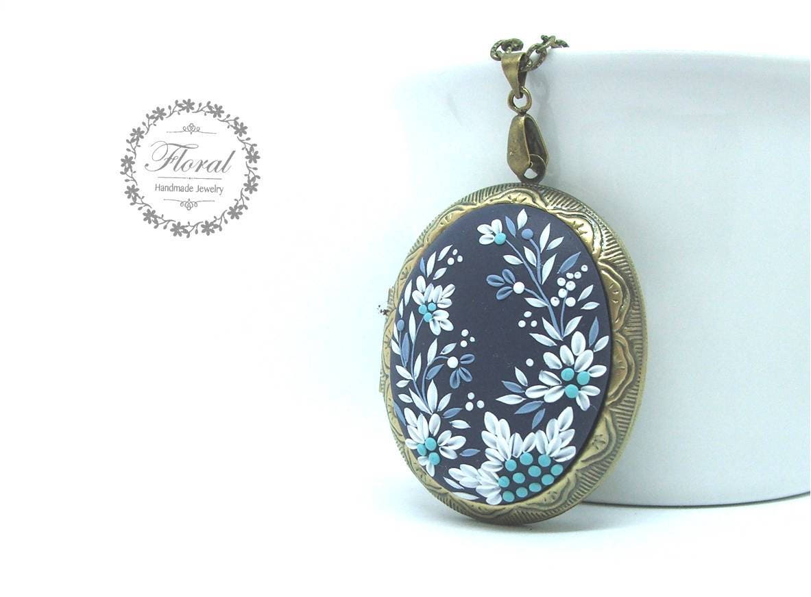 Blue flower secret message Locket with photo inside text | Etsy
