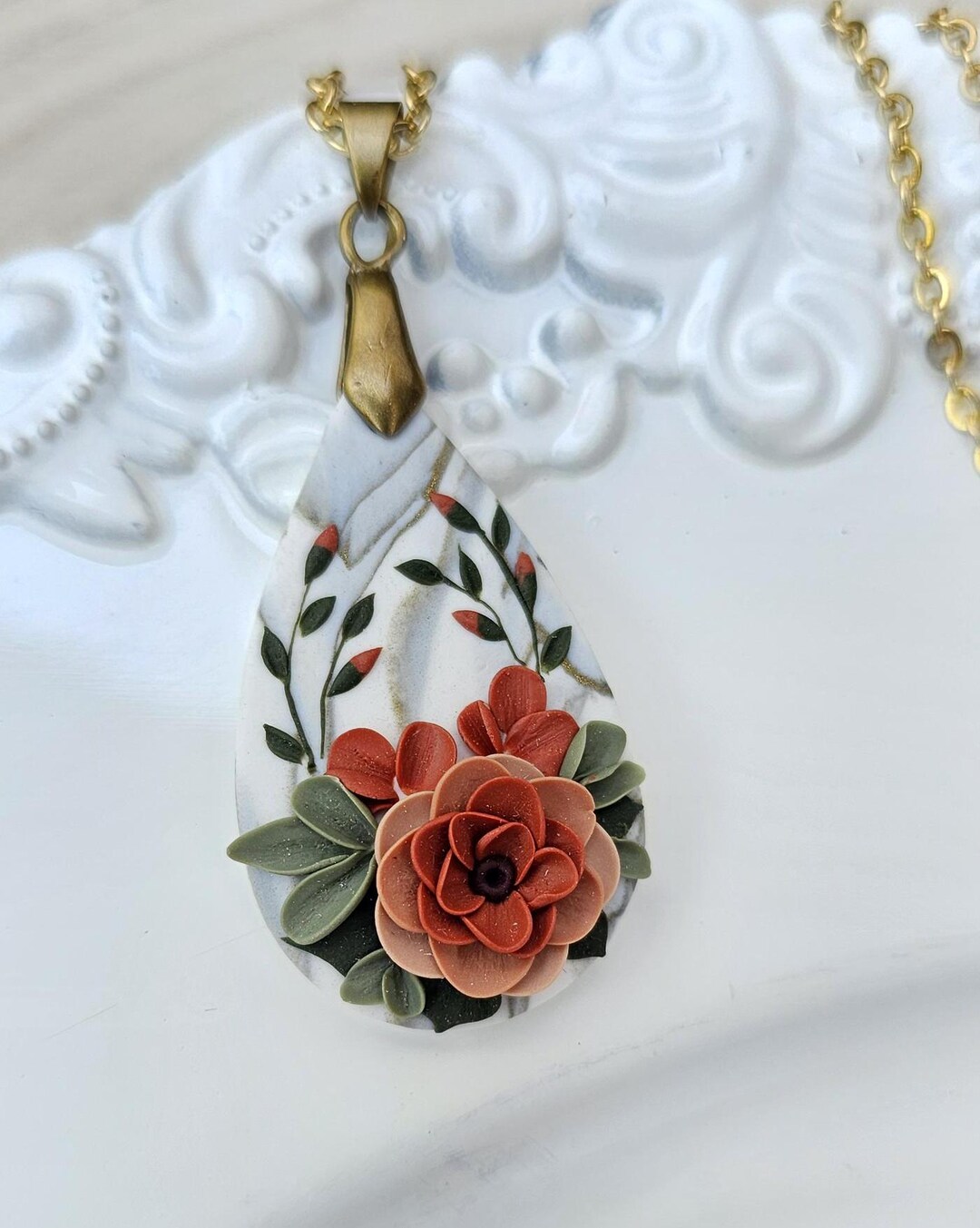 Autumn Flower Pendant, Elegant Polymer Clay Necklace, Fall Jewelry ...
