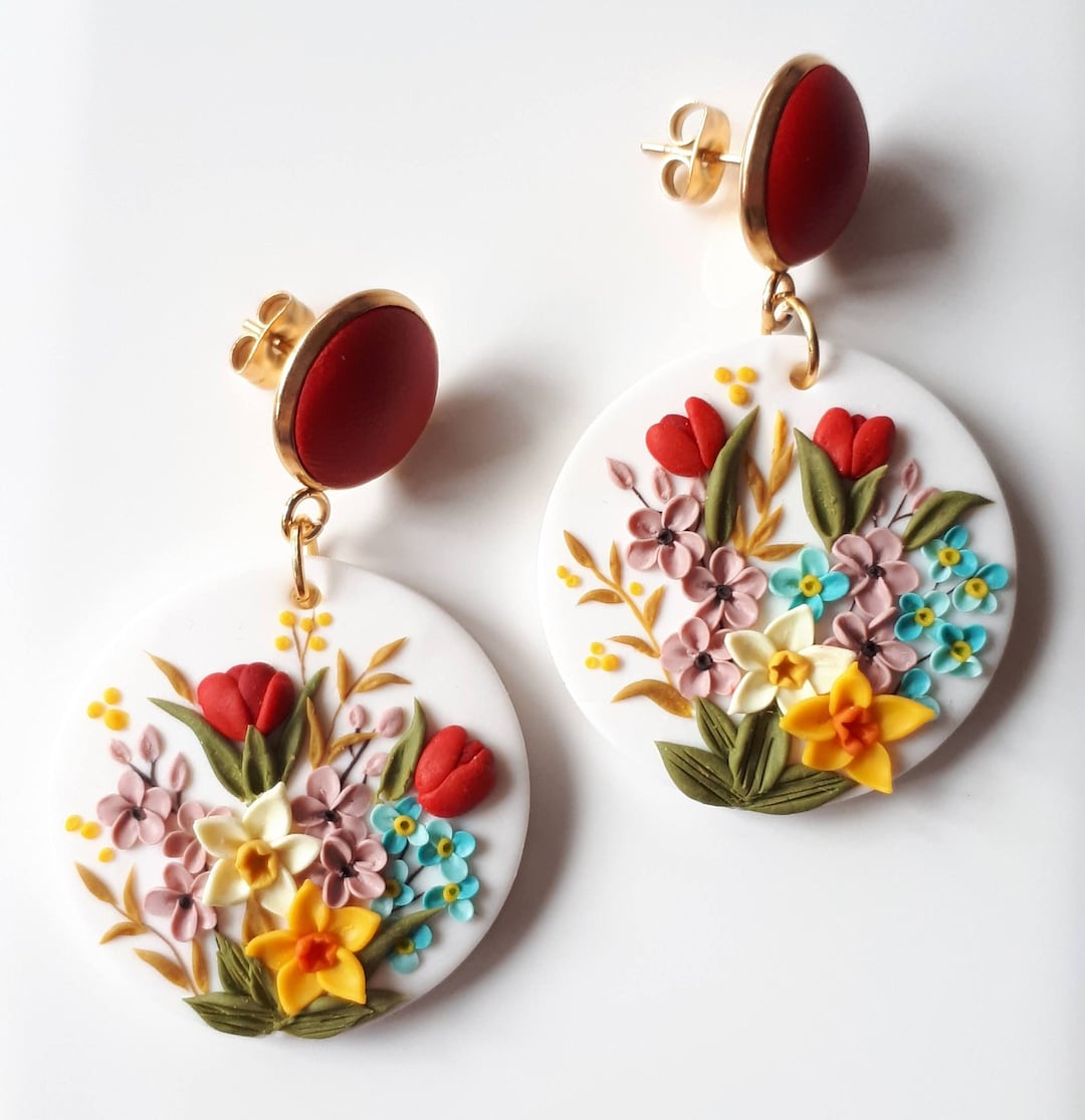 Spring Floral Bouquet Polymer Clay Earrings, Floral Clay Earrings ...