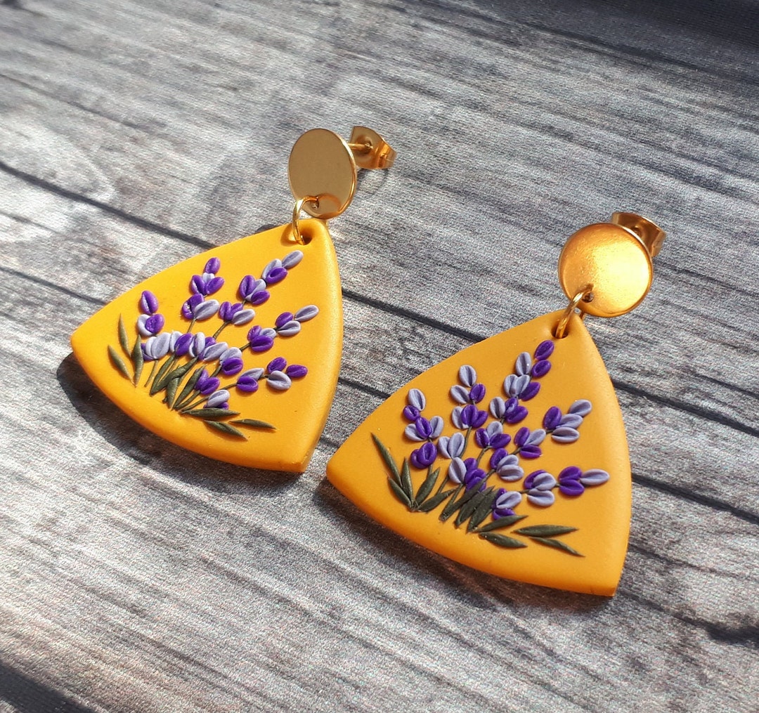 Fall Color Lavender Floral Earrings, Mustard Yellow Clay Earrings for ...