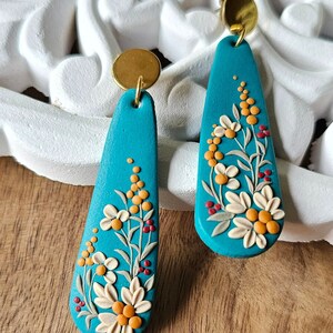 Long Dangle Turquoise Earrings With Flowers, Polymer Clay Floral ...