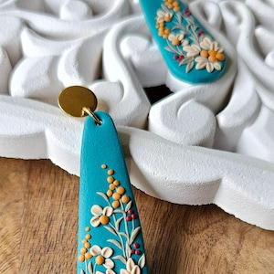 Long Dangle Turquoise Earrings With Flowers, Polymer Clay Floral ...