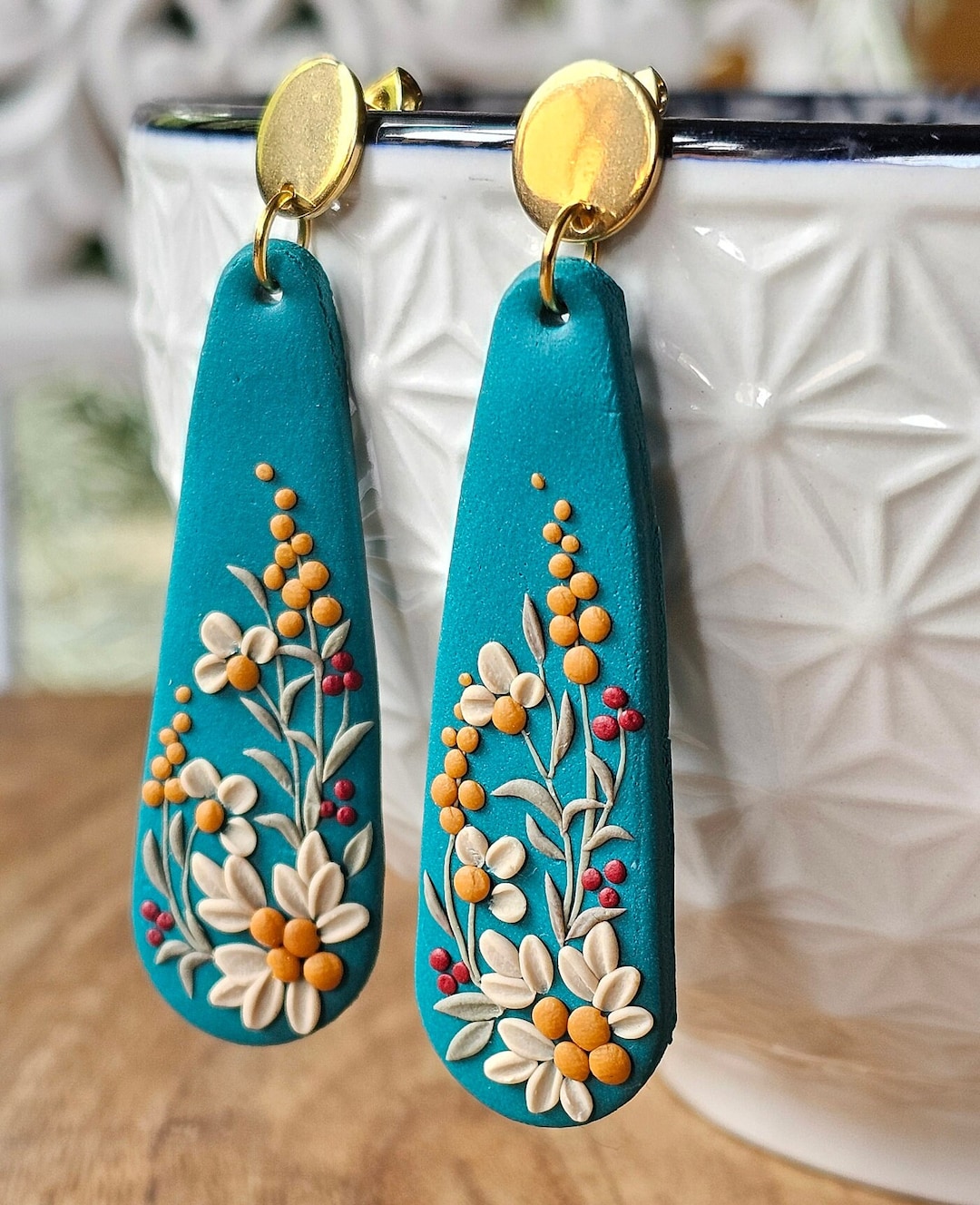 Long Dangle Turquoise Earrings With Flowers Polymer Clay Floral