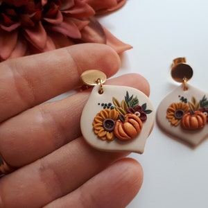 Polymer Clay Fall Earrings With Pumpkin and Sunflower, Boho Clay ...