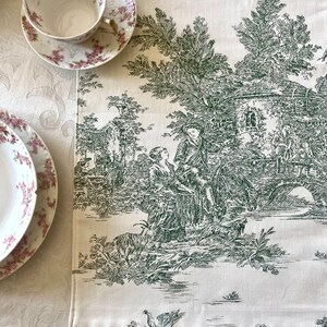 Green Toile Table Runner: French Country Kitchen Linen With Pom Pom ...