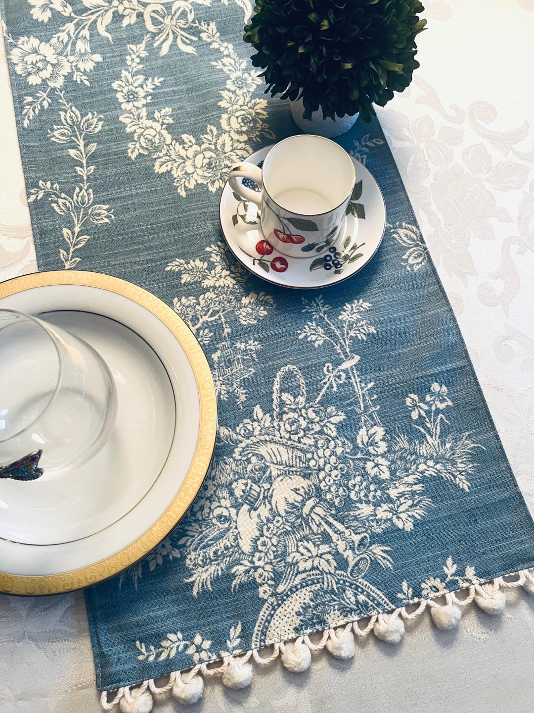 Blue Floral Toile Table Runner: Waverly French Country Cottage Fabric ...