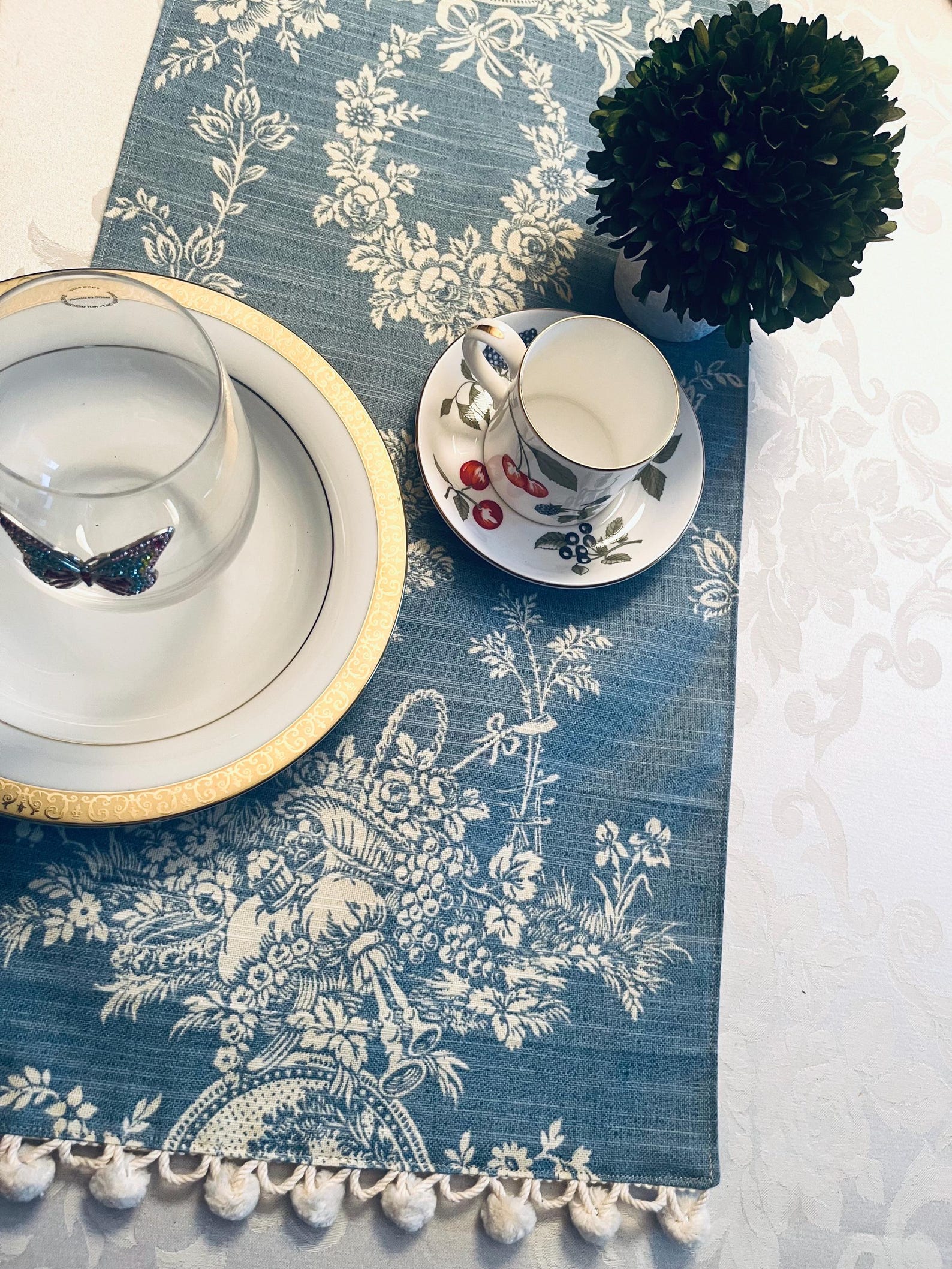 Blue Floral Toile Table Runner: Waverly French Country Cottage Fabric ...