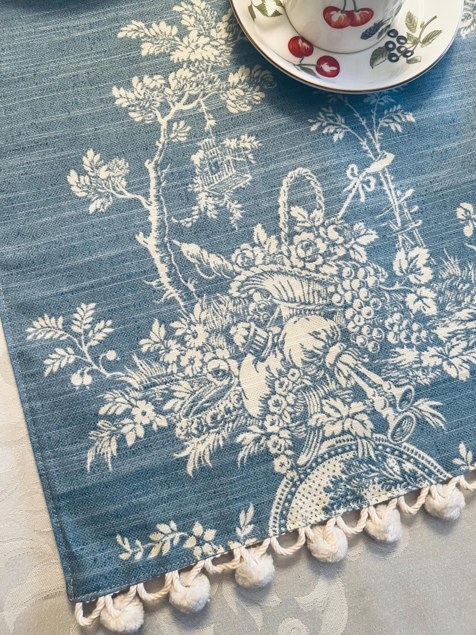 Blue Floral Toile Table Runner: Waverly French Country Cottage Fabric ...