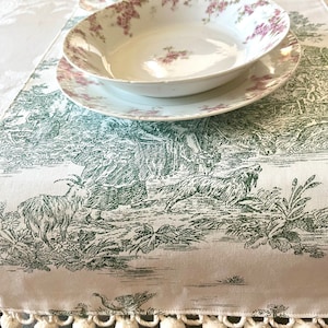 Green Toile Table Runner: French Country Kitchen Linen With Pom Pom ...