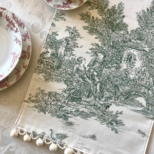 Green Toile Table Runner: French Country Kitchen Linen With Pom Pom ...