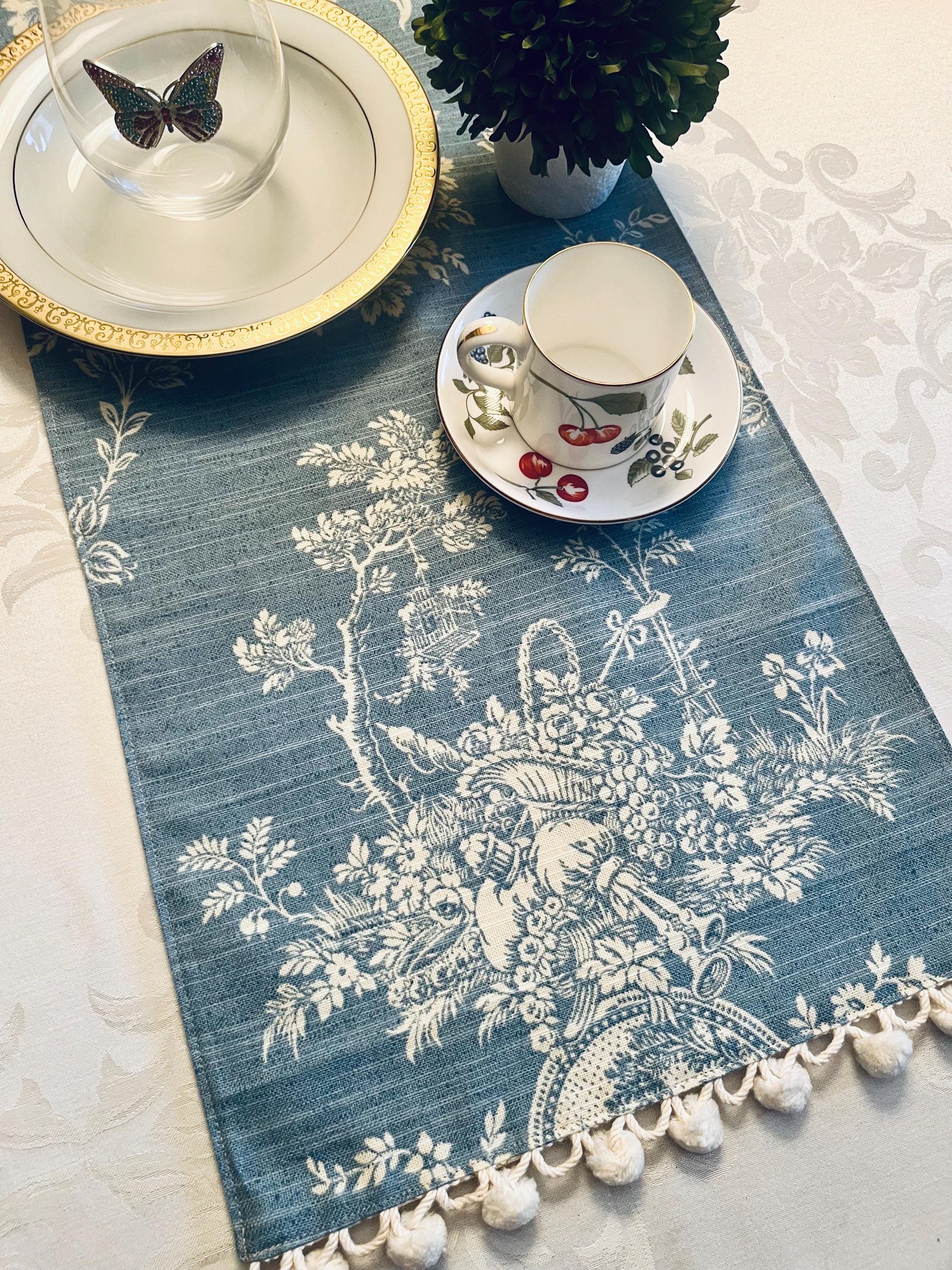 Blue Floral Toile Table Runner: Waverly French Country Cottage Fabric ...