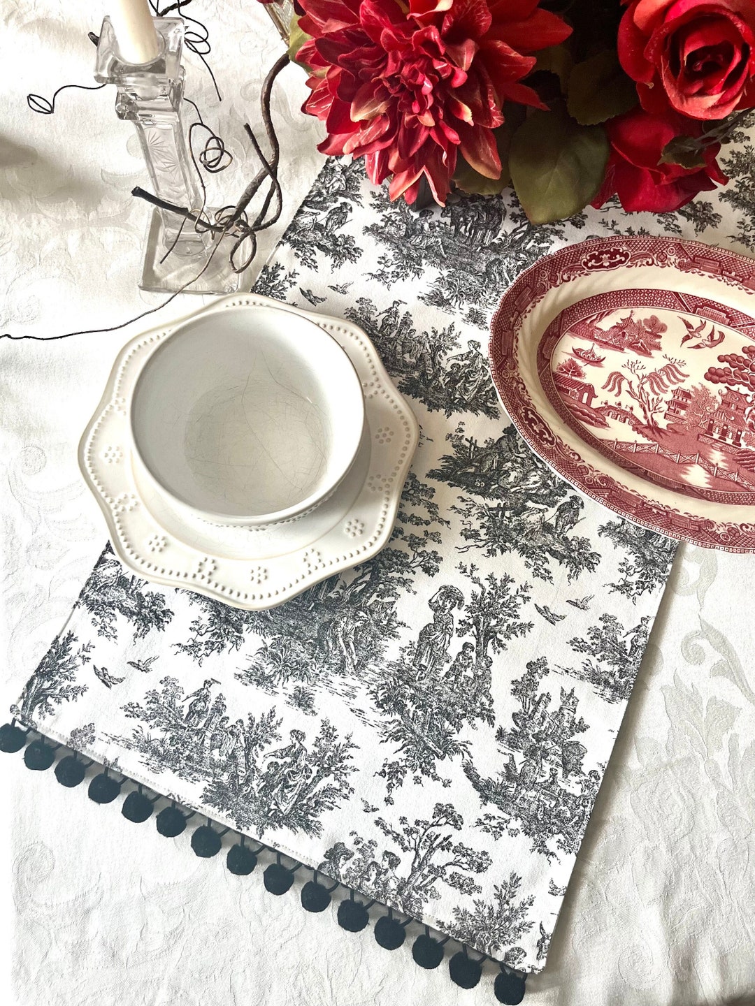 Black Toile Table Runner, French Country Kitchen Linens, Cottage Style ...