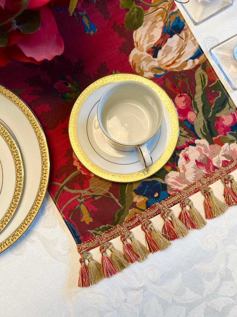 Red Floral Table Runner: P Kaufmann Crimson Fabric With Tassel Trim - Etsy