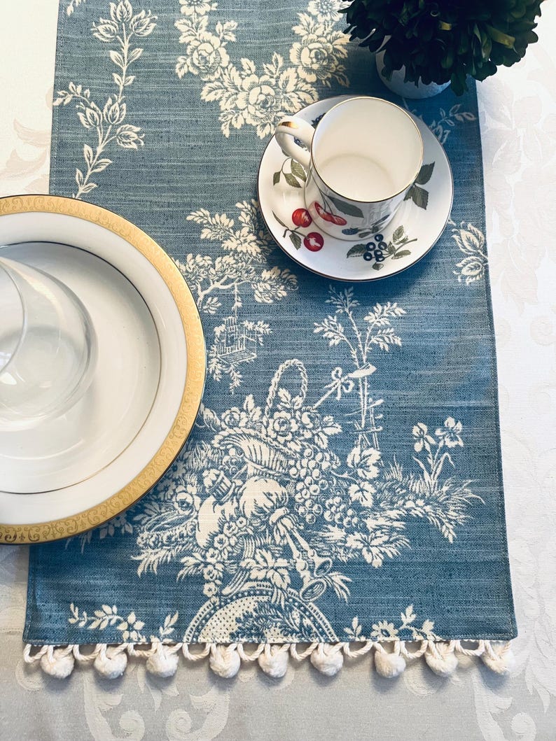 Blue Floral Toile Table Runner: Waverly French Country Cottage Fabric ...