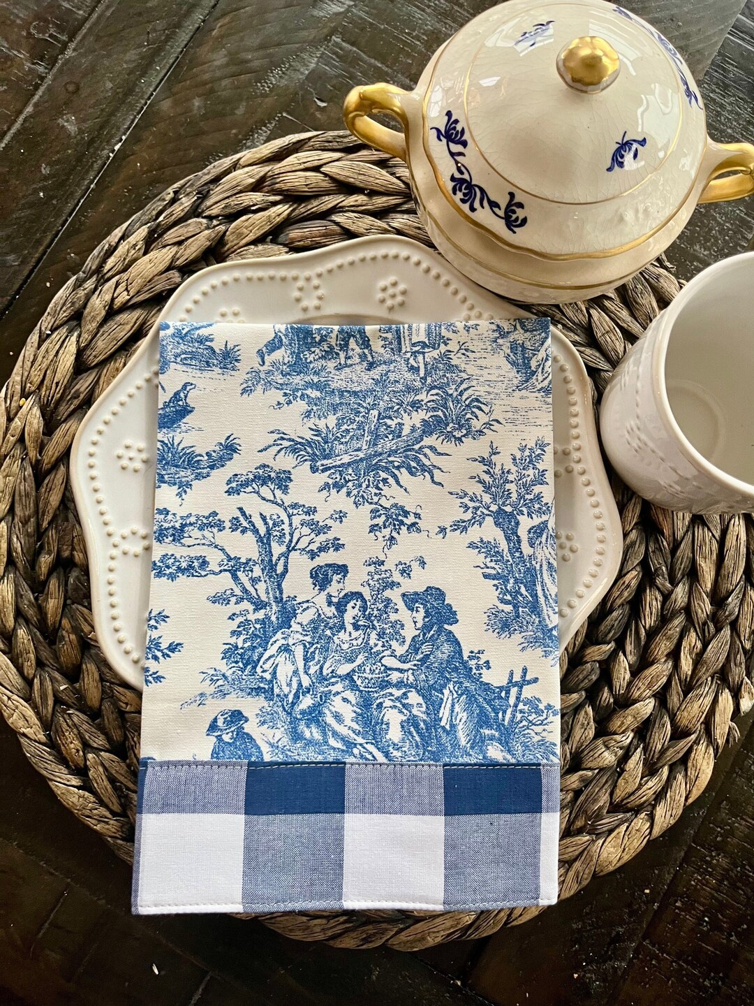 Blue Toile Fingertip Towel, French Country Tea Towel, Blue Toile Fabric ...