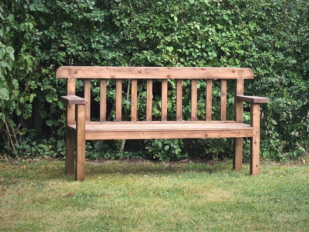 Garden Bench Seat, With Wide Arms, Natural Wood, Rustic Country Cottage ...
