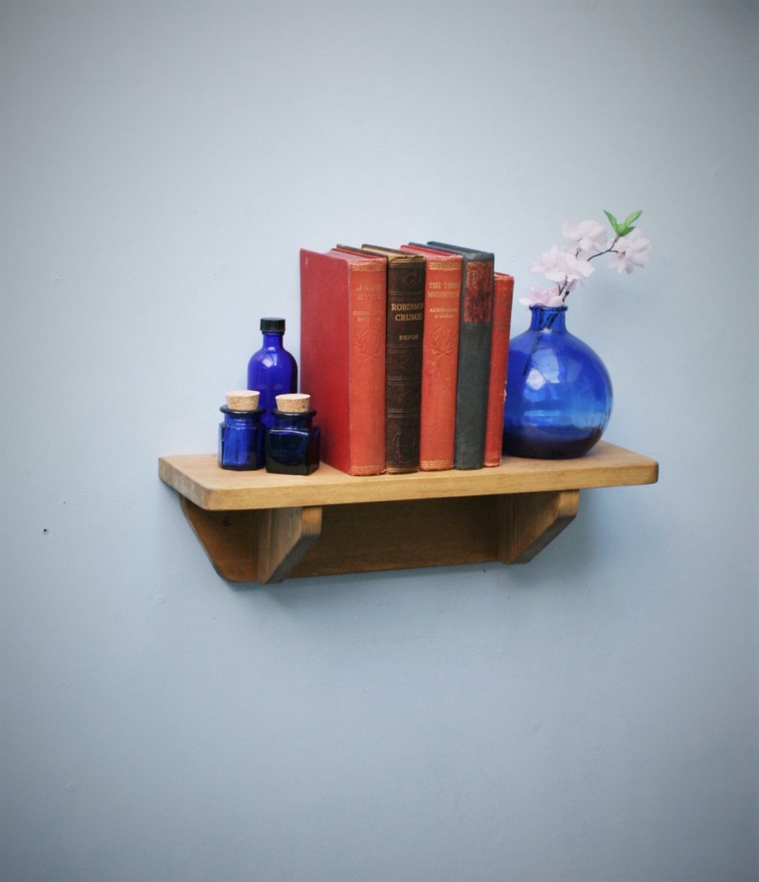 Small Wooden Shelf, Natural Wood Bookshelf With Brackets, 44 Cm L X 15 ...