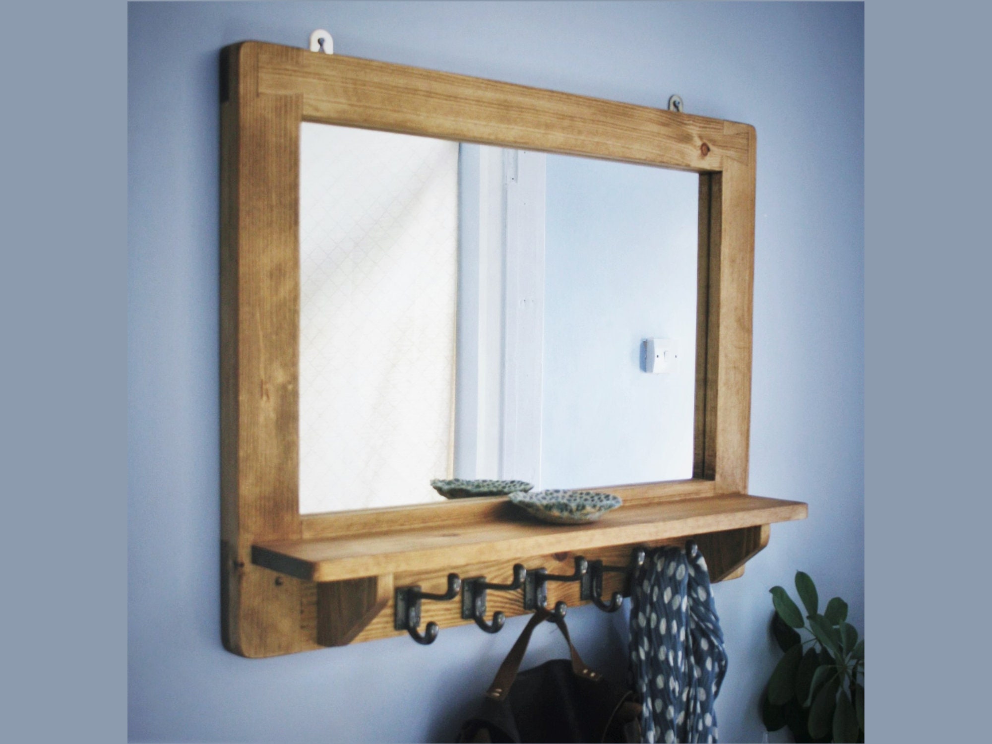 Large Mirror With Shelf & 5 Iron Hooks Wide Rustic Wooden - Etsy UK