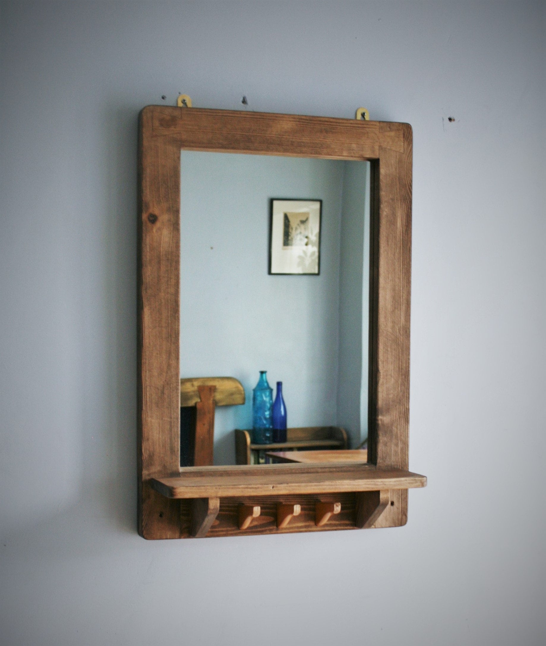 Rustic Hall Mirror With Shelf, 3 Coat Key Hooks, Large, Dark Wood ...