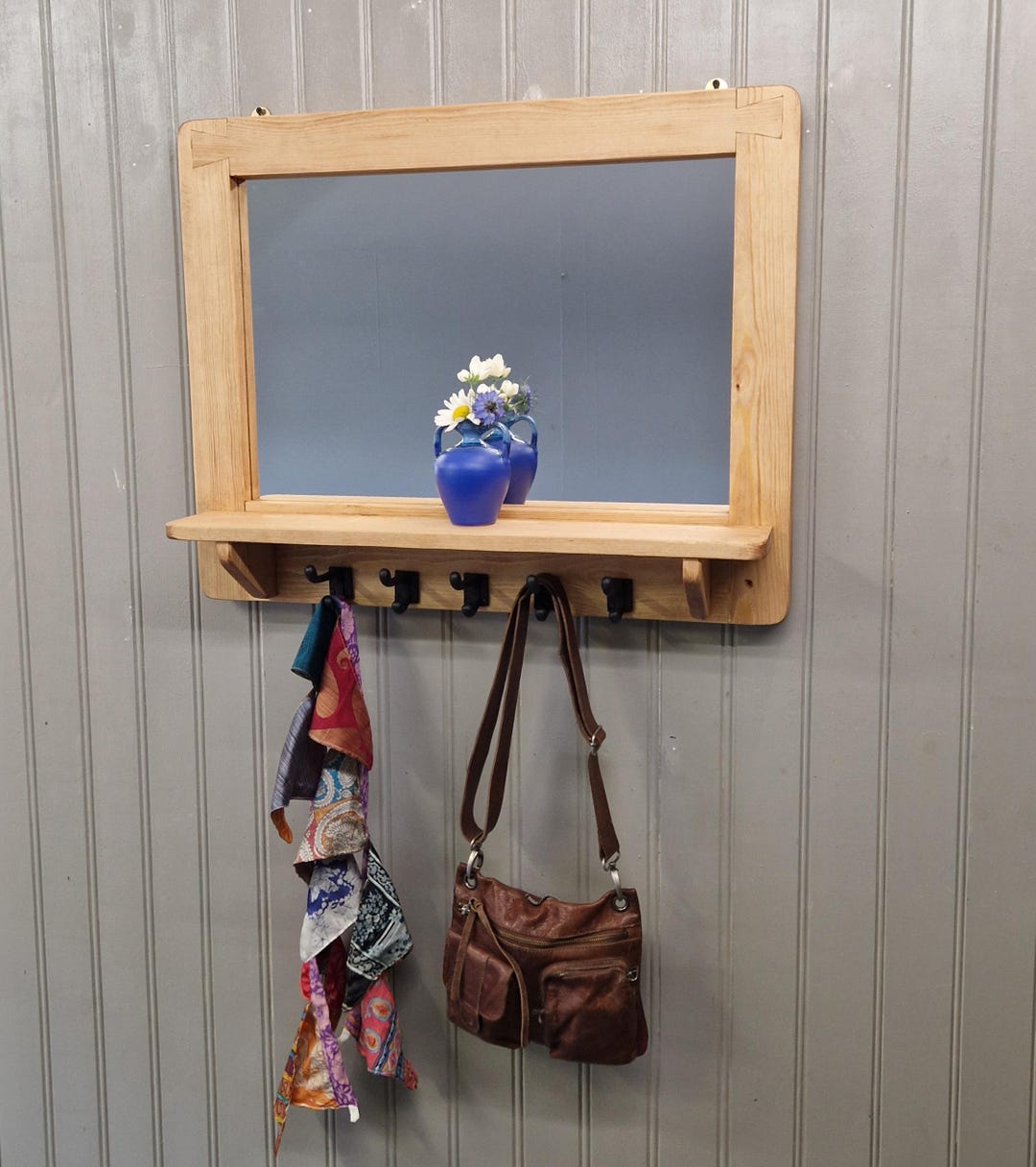 Large Mirror With Shelf & 5 Iron Hooks, Wide Rustic Wooden Frame, 76W X ...