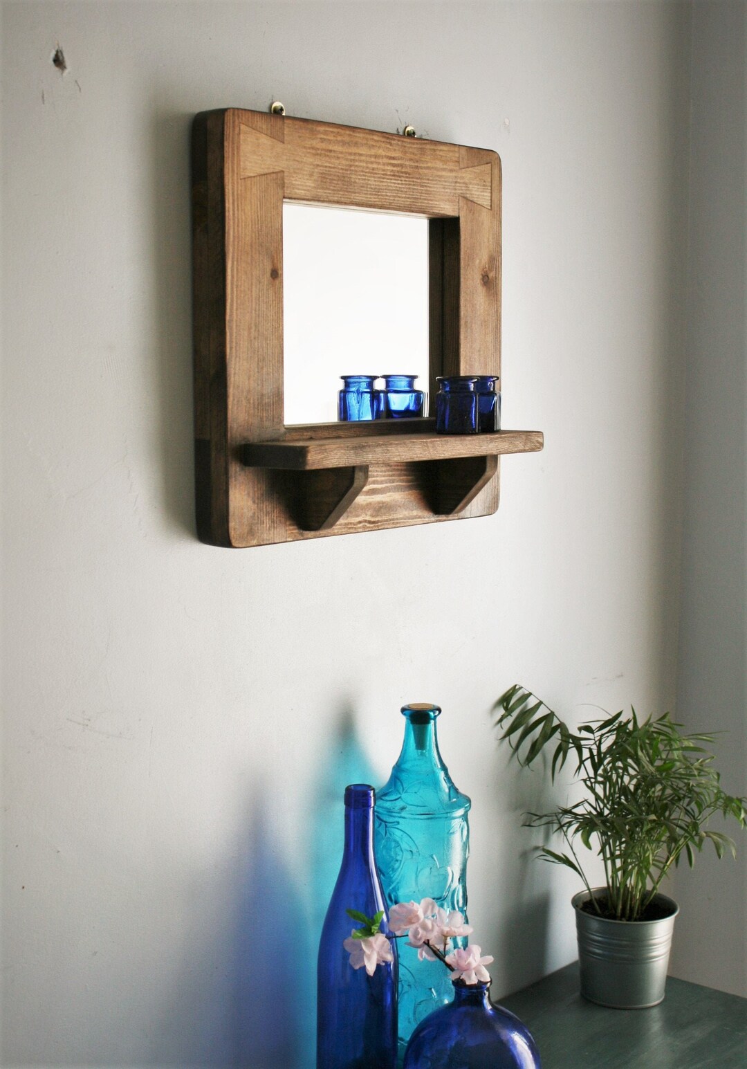Mirror With Shelf, Chunky Natural Wooden Frame Display Shelf, Small ...