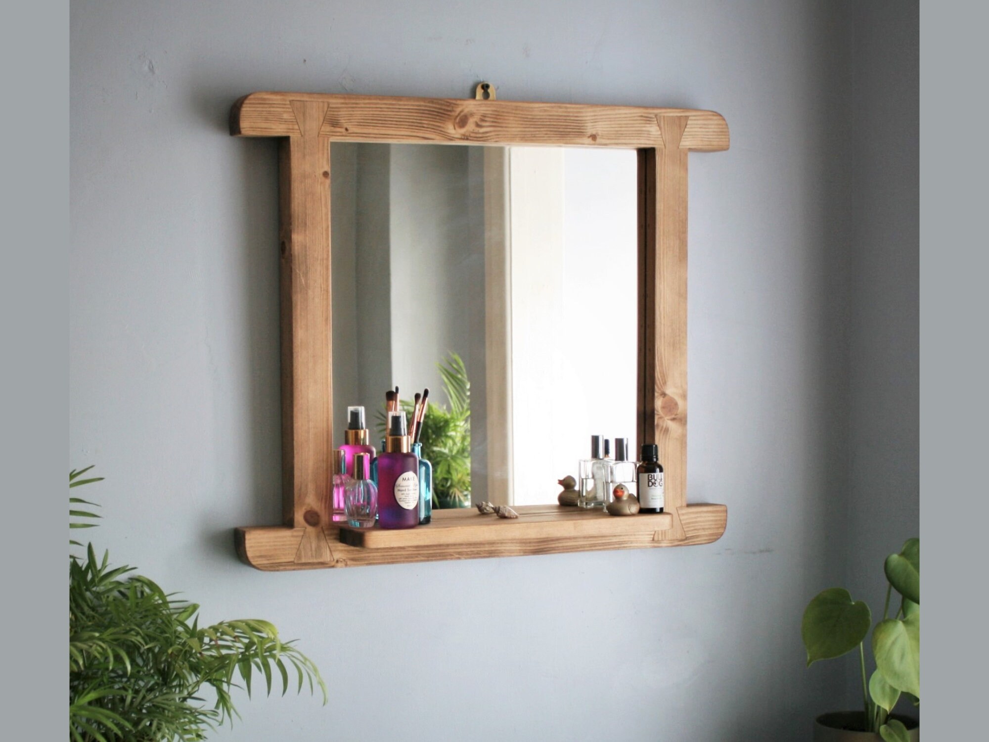 Hallway Mirror With Narrow Shelf in Natural Rustic Wood 65W X - Etsy UK