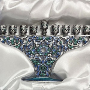 Filagree Style Hanukkah Menorah in Blue, Green and White Enamel ...
